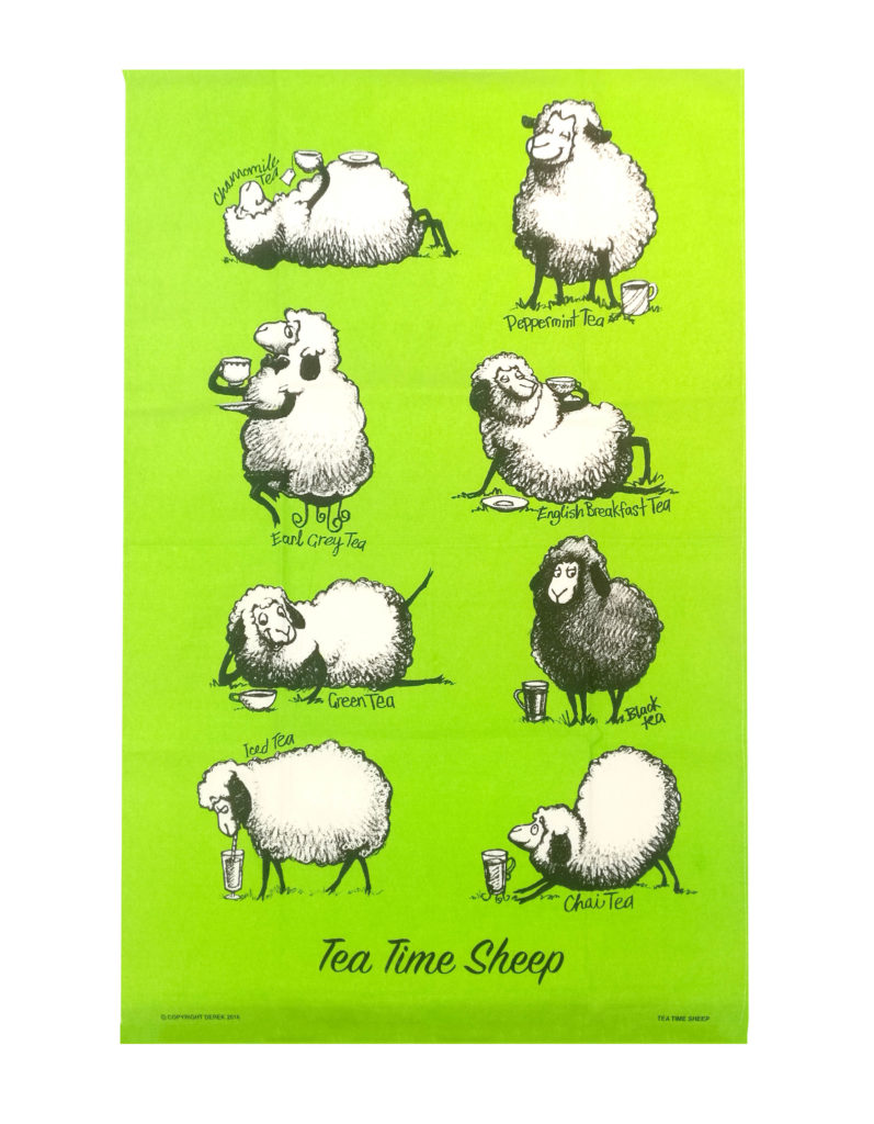 TEA TIME SHEEP TEA TOWEL GREEN - Blue Penguin New Zealand Gifts